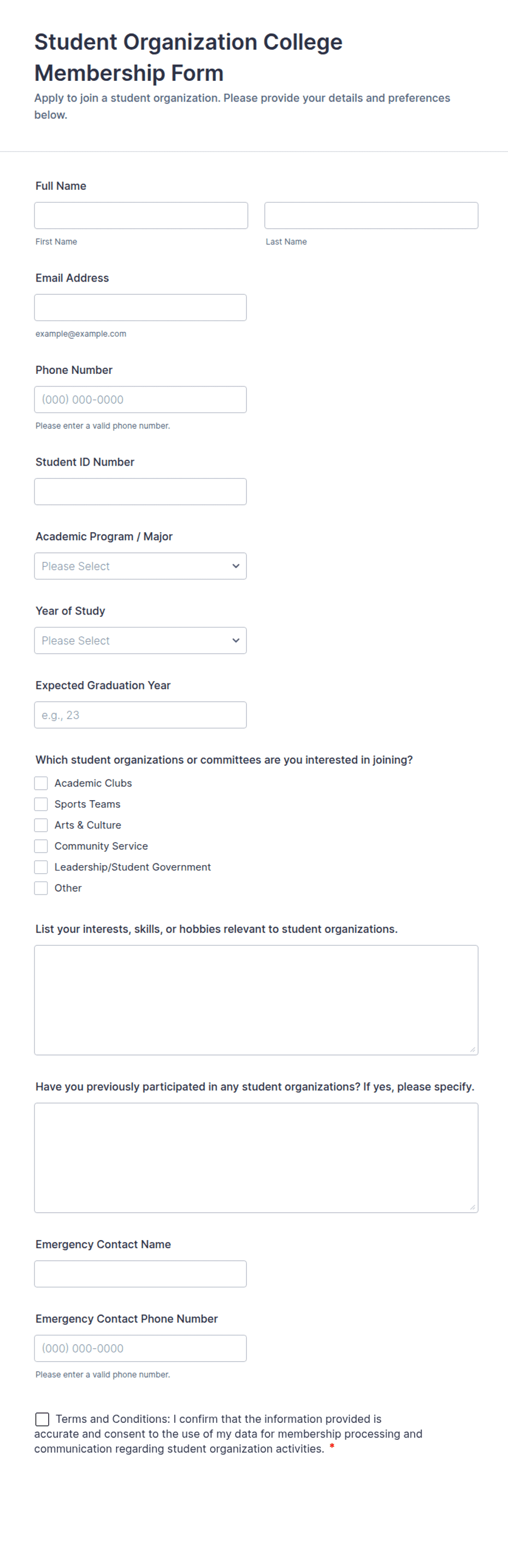 Student Organization College Membership Form Template | Jotform