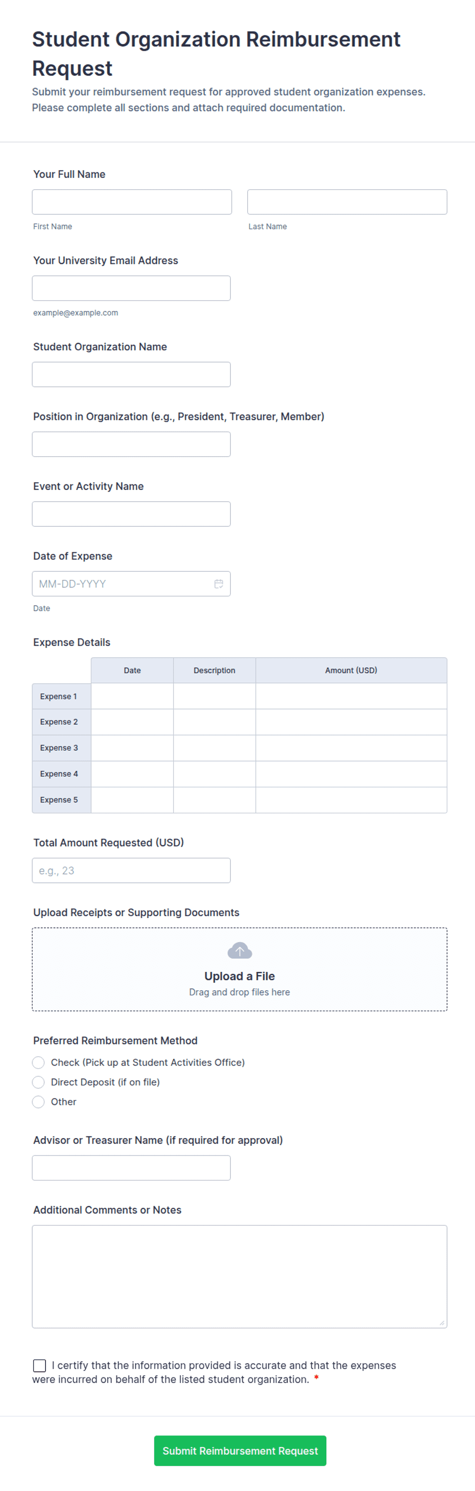Student Organization Reimbursement Request Form Template | Jotform