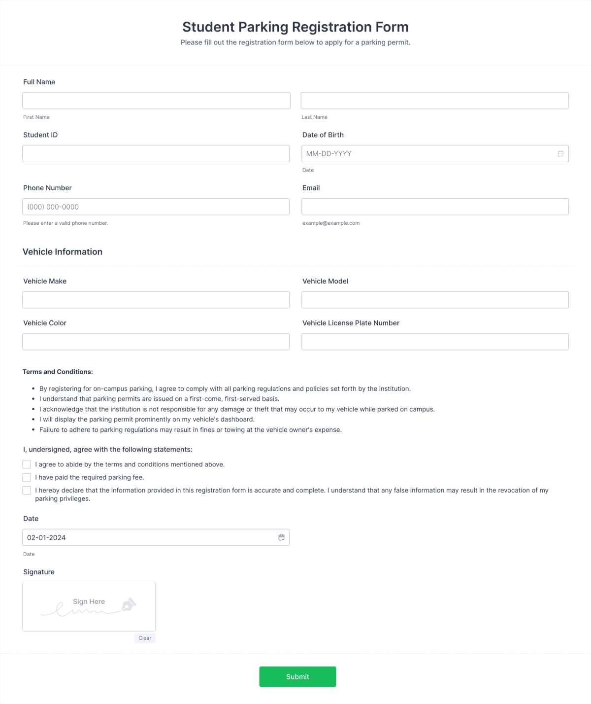 Student Parking Registration Form Template | Jotform