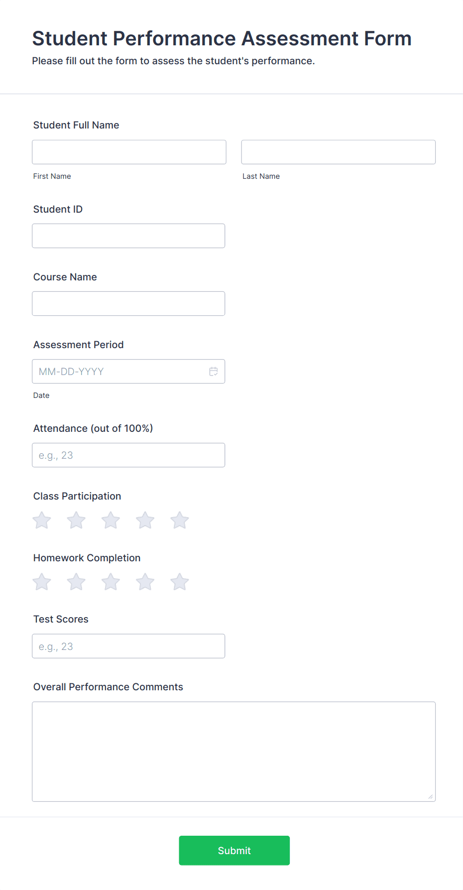 Student Performance Assessment Form Template | Jotform