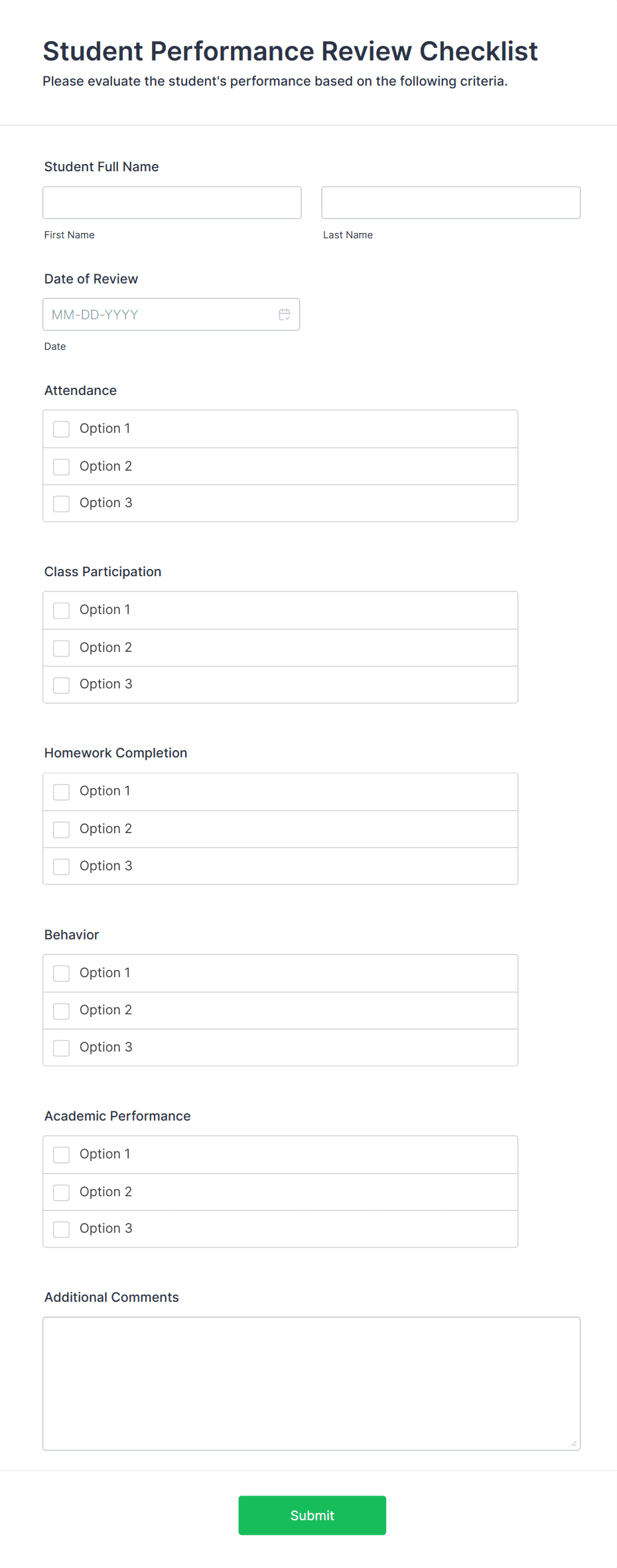 Student Performance Review Checklist Form Template | Jotform