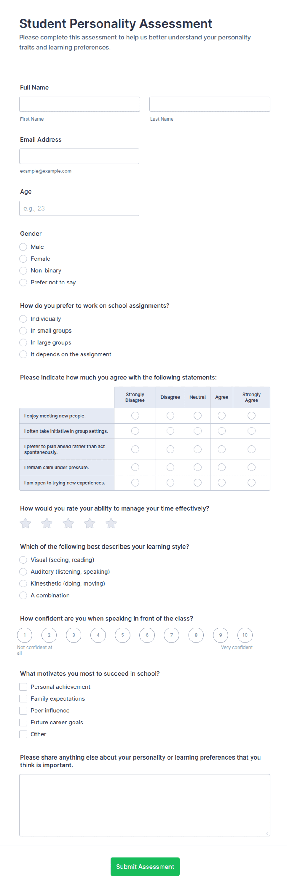 Student Personality Assessment Form Template | Jotform