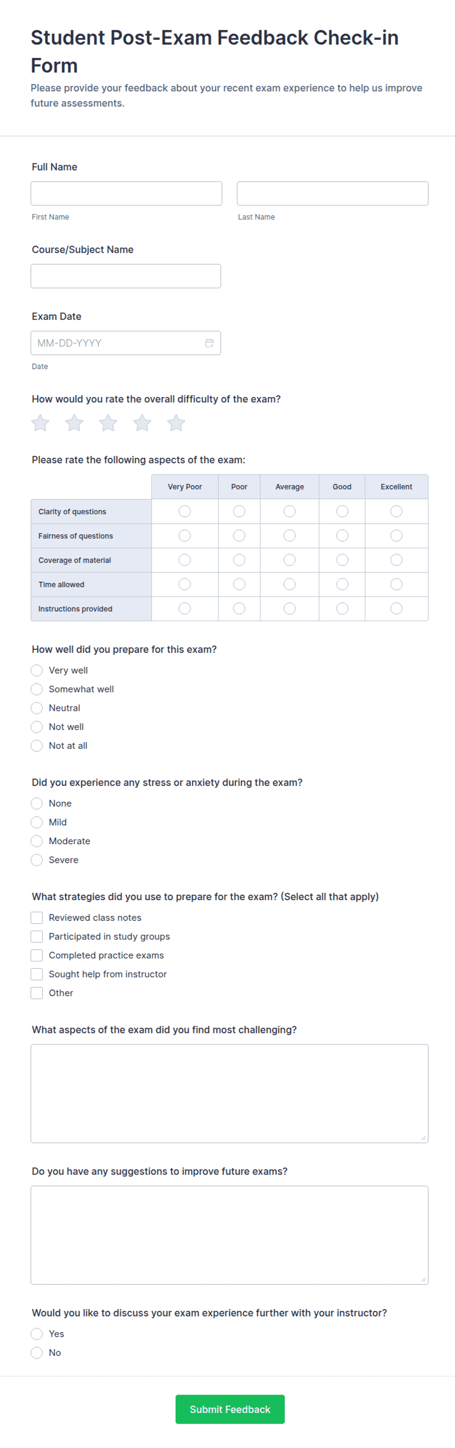 Student Post-Exam Feedback Check-in Form Template | Jotform