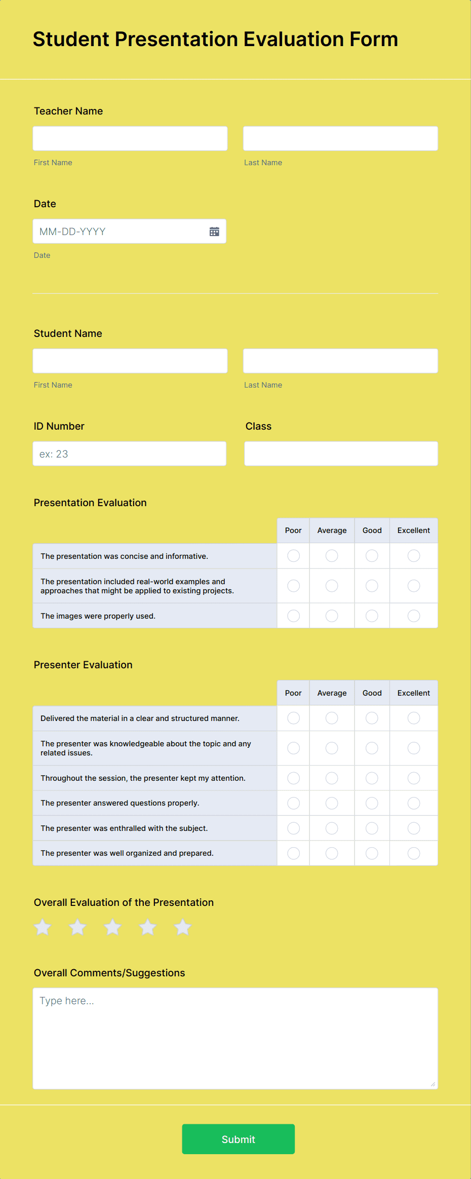 Student Presentation Evaluation Form Template | Jotform