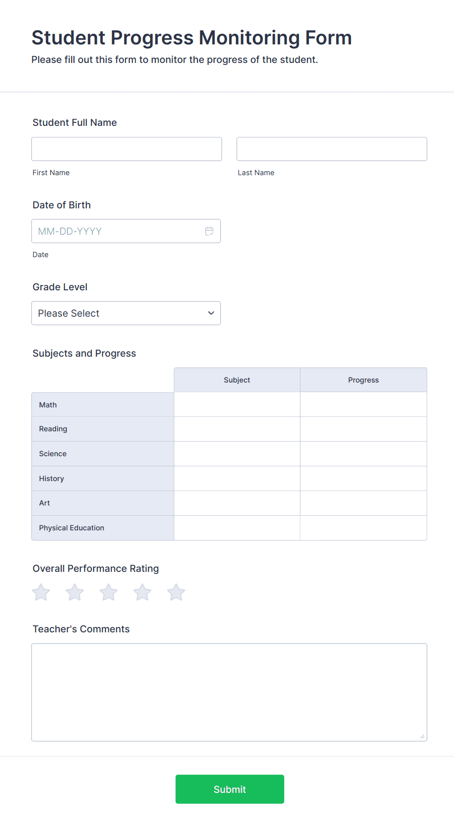 Student Progress Monitoring Form Template | Jotform