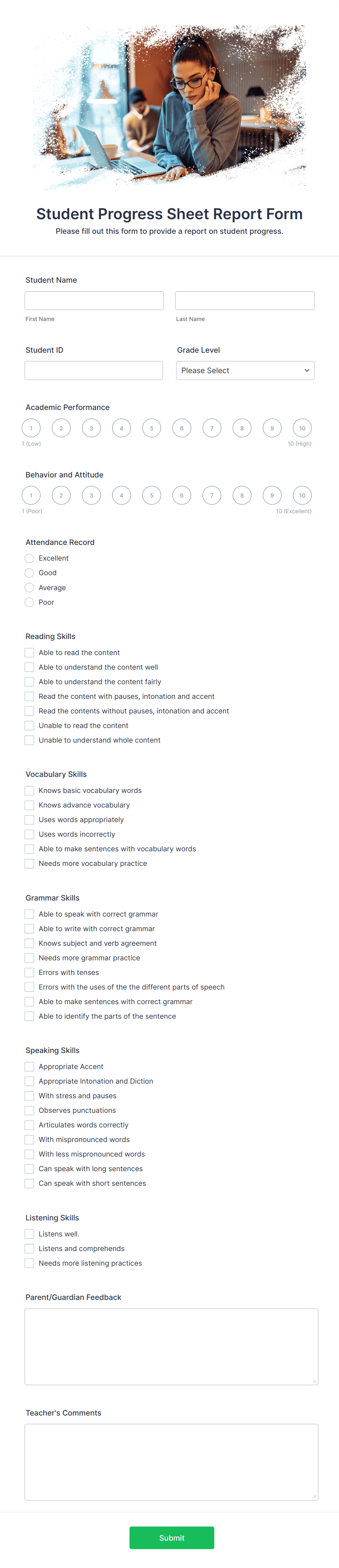 Student Progress Sheet Report Form Template | Jotform