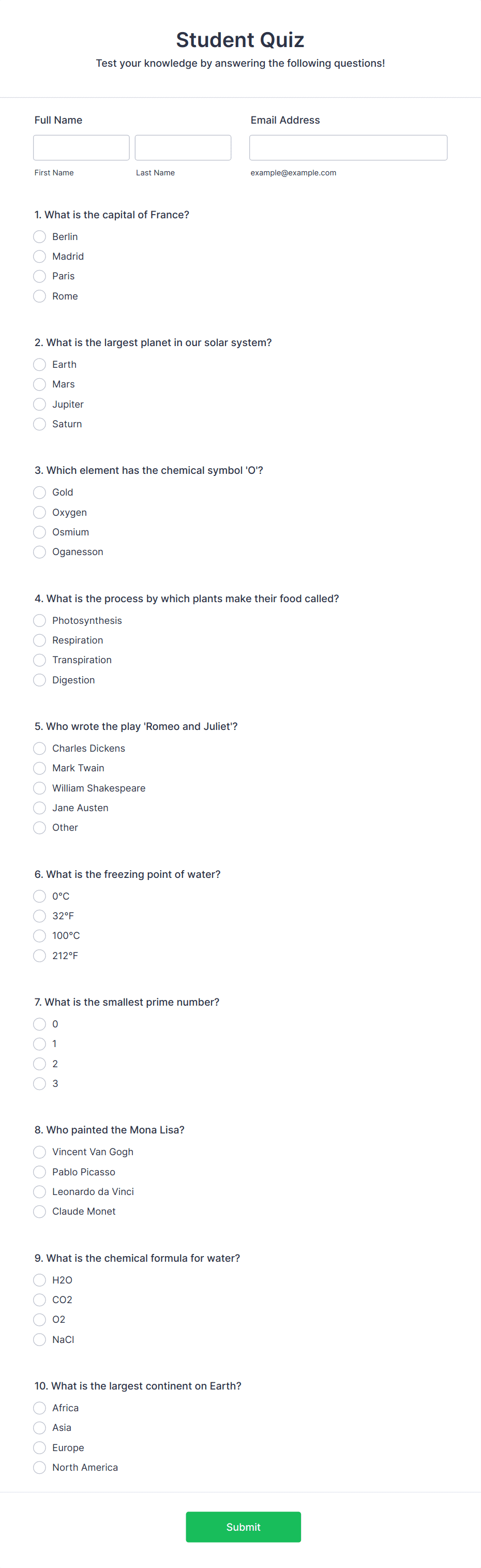 Student Quiz Form Template | Jotform
