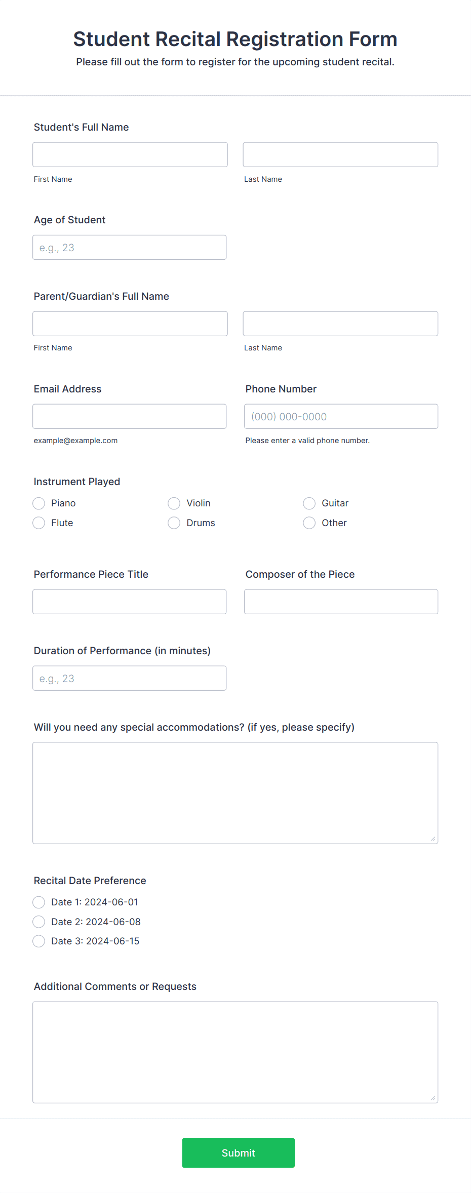 Student Recital Registration Form Template | Jotform