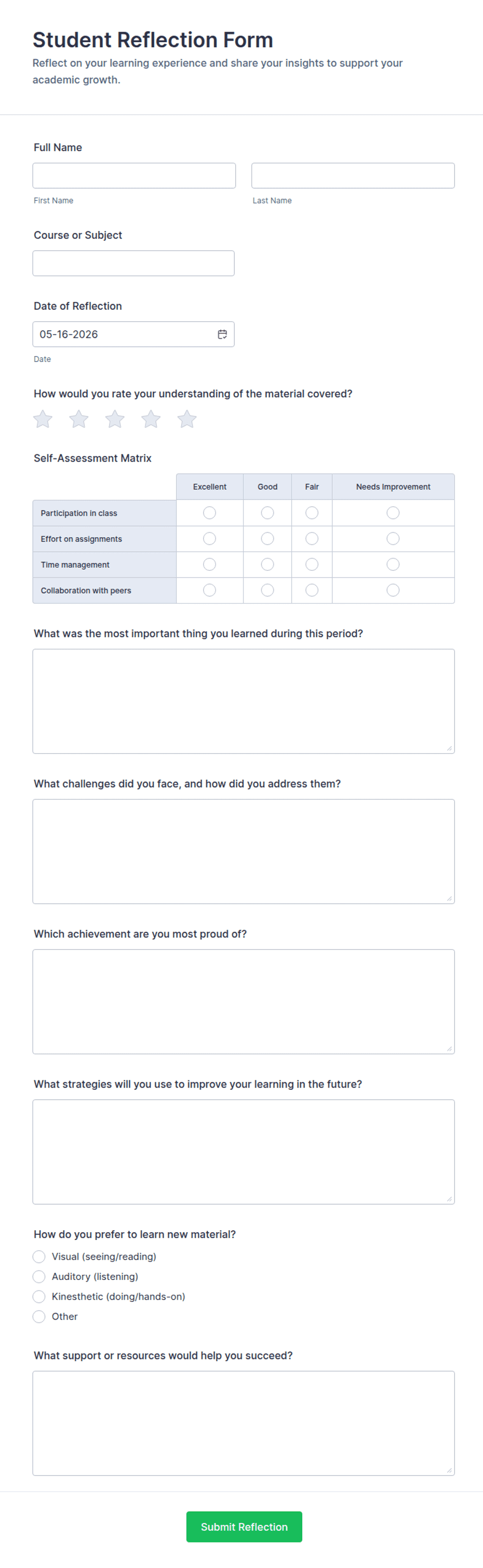 Student Reflection Form Template | Jotform