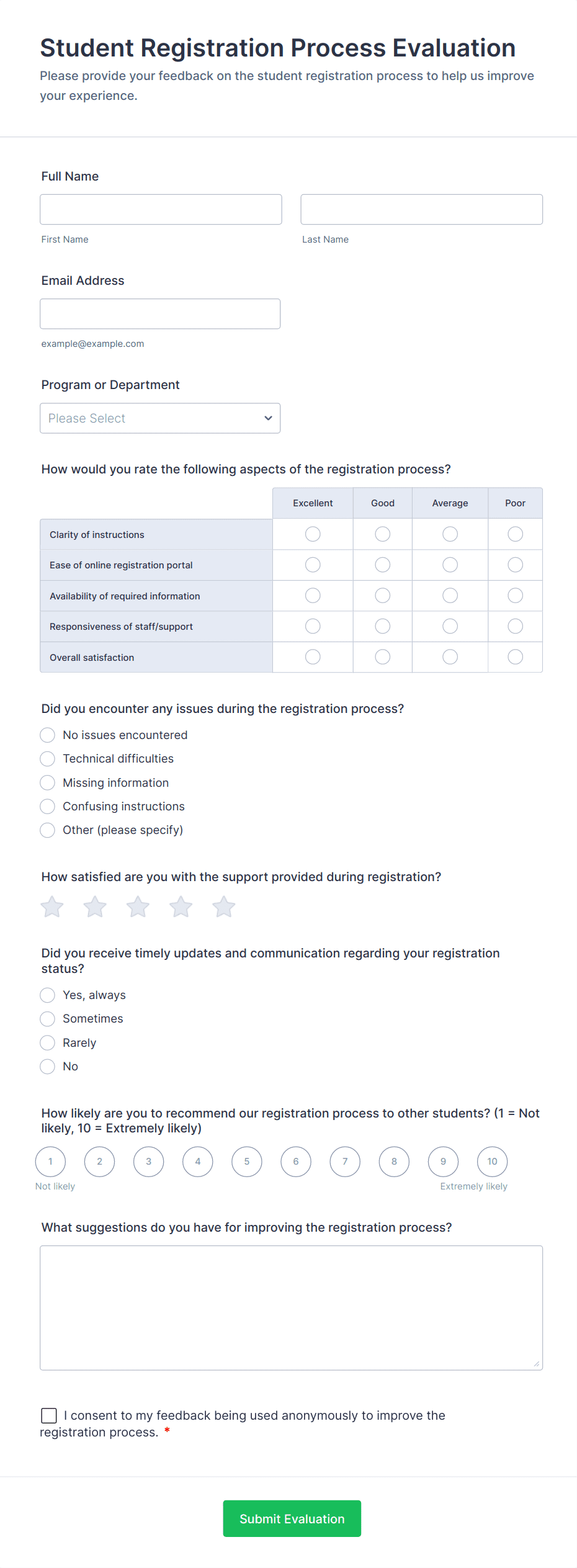 Student Registration Process Evaluation Form Template | Jotform