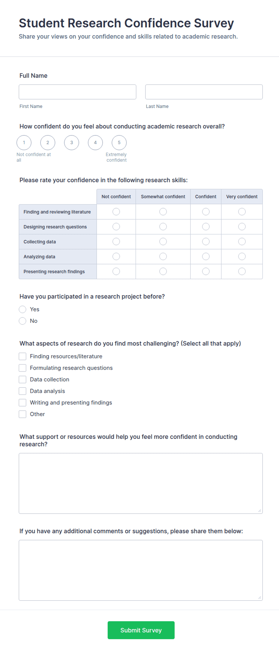 Student Research Confidence Survey Form Template | Jotform