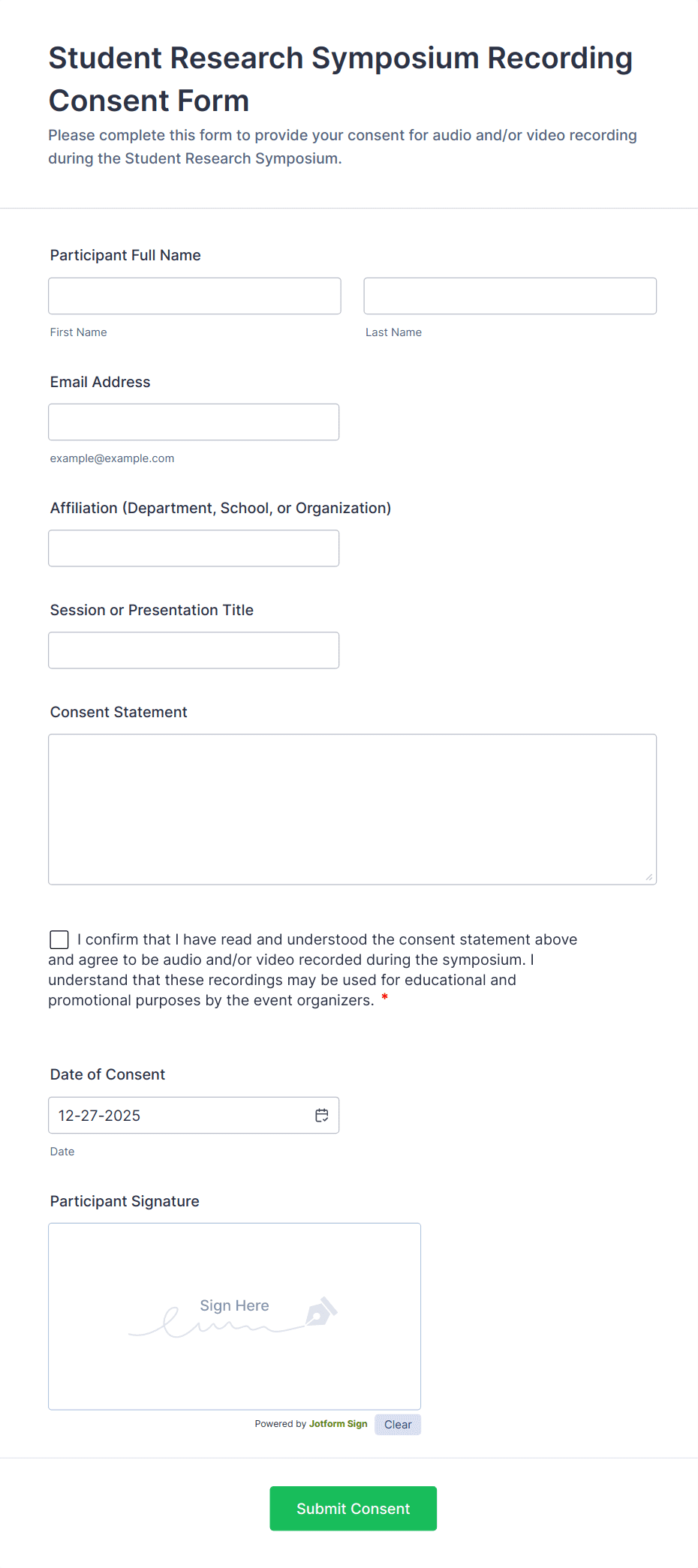 Student Research Symposium Recording Consent Form Template | Jotform