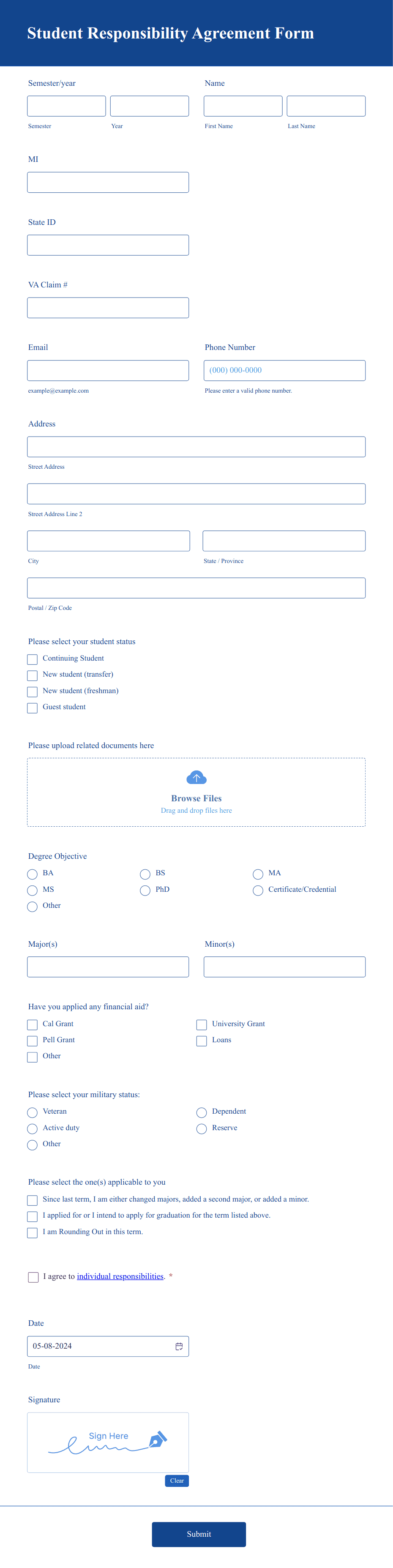 Student Responsibility Agreement Form Template | Jotform