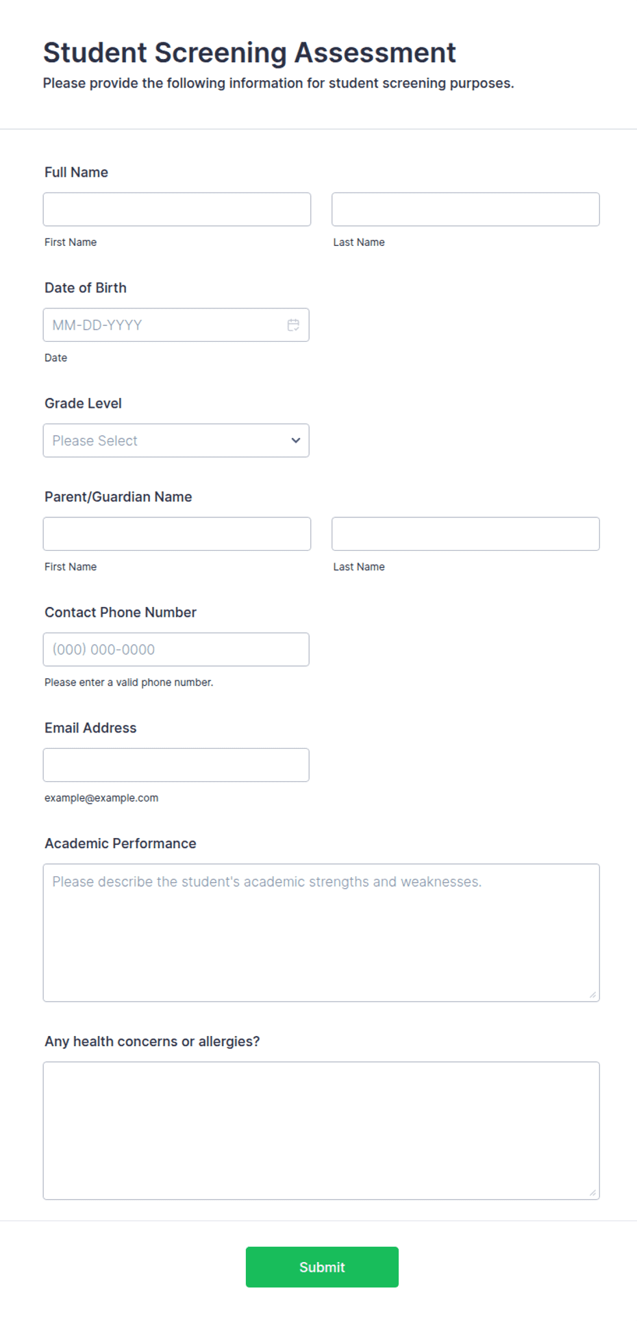 Student Screening Assessment Form Template | Jotform