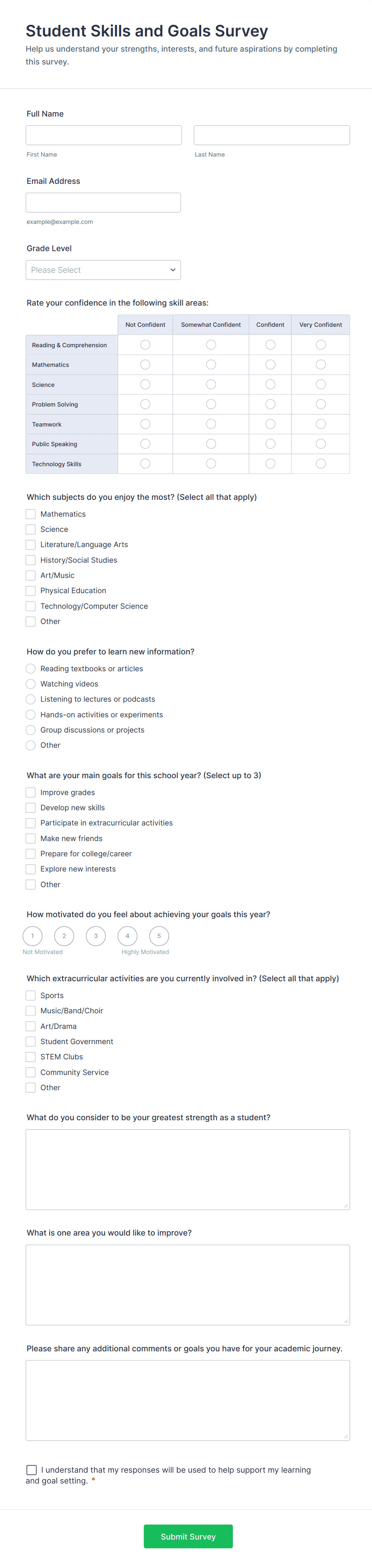 Student Skills and Goals Survey Form Template | Jotform