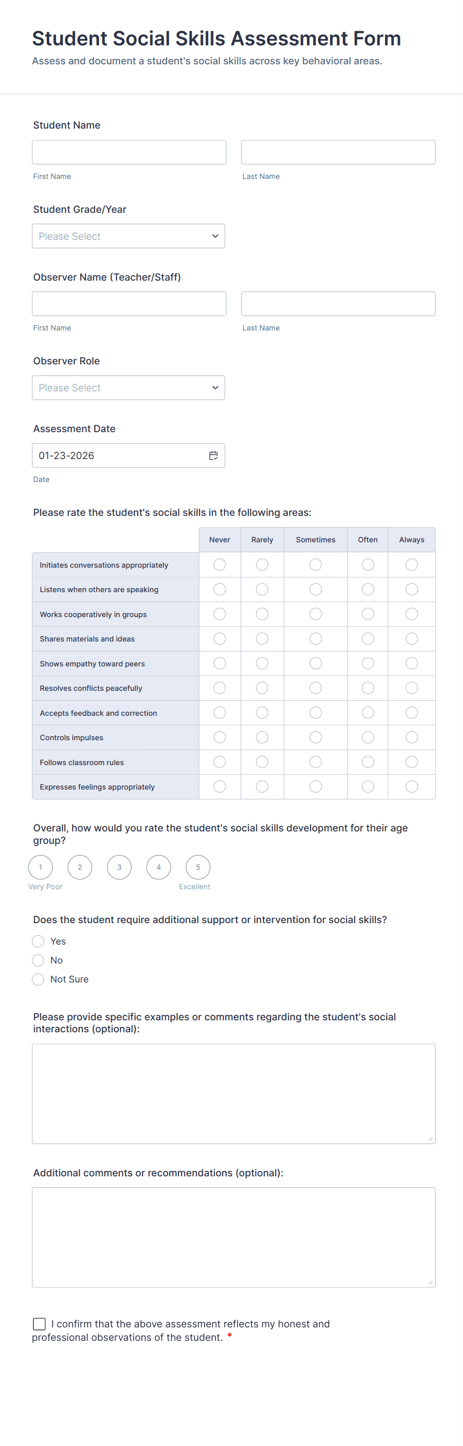 Student Social Skills Assessment Form Template | Jotform