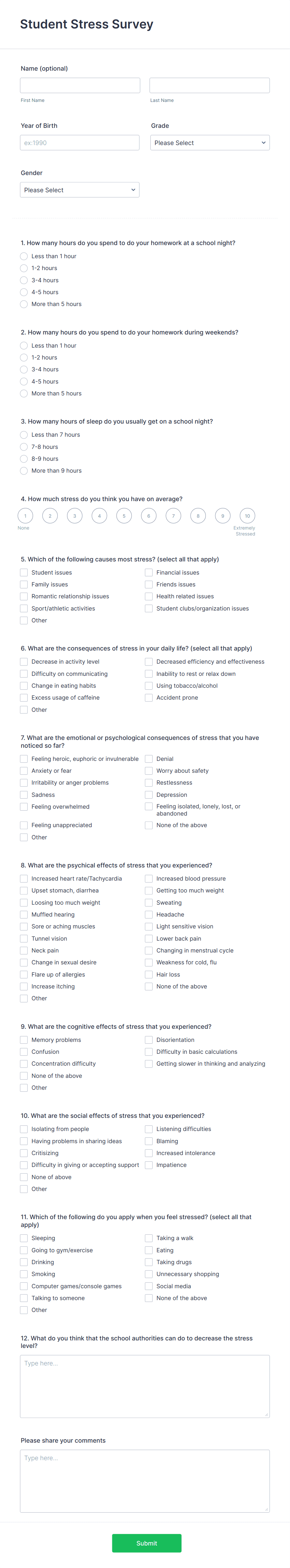 Student Stress Survey Form Template | Jotform
