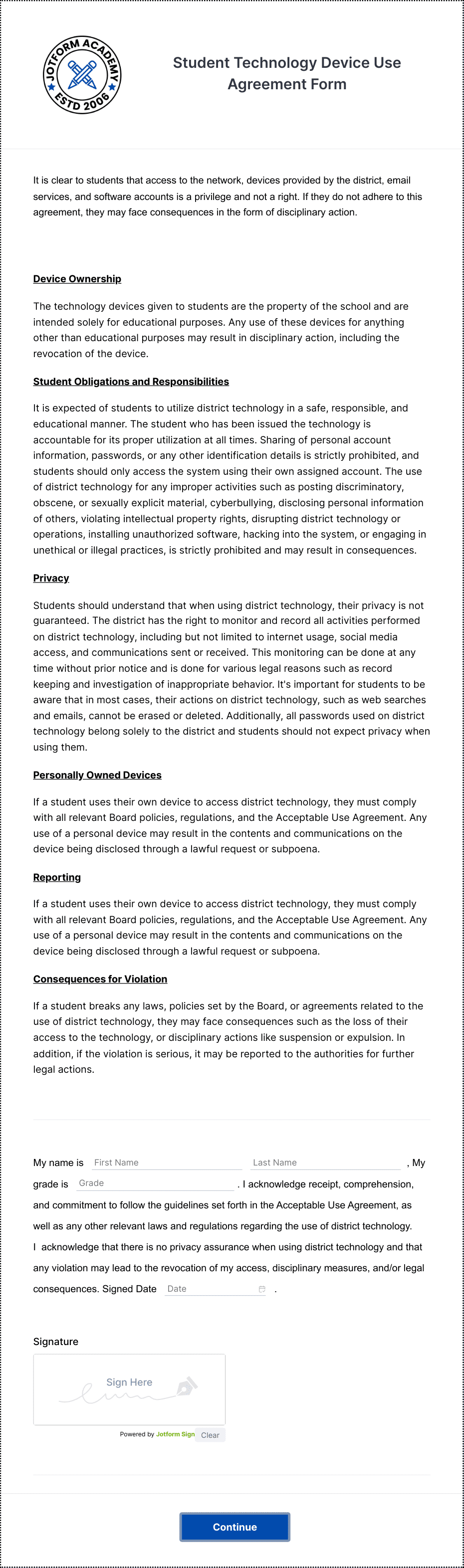 Student Technology Device Use Agreement Form Template | Jotform