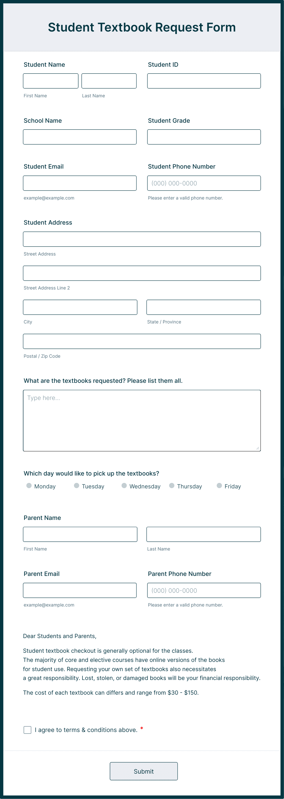 Student Textbook Request Form Template | Jotform