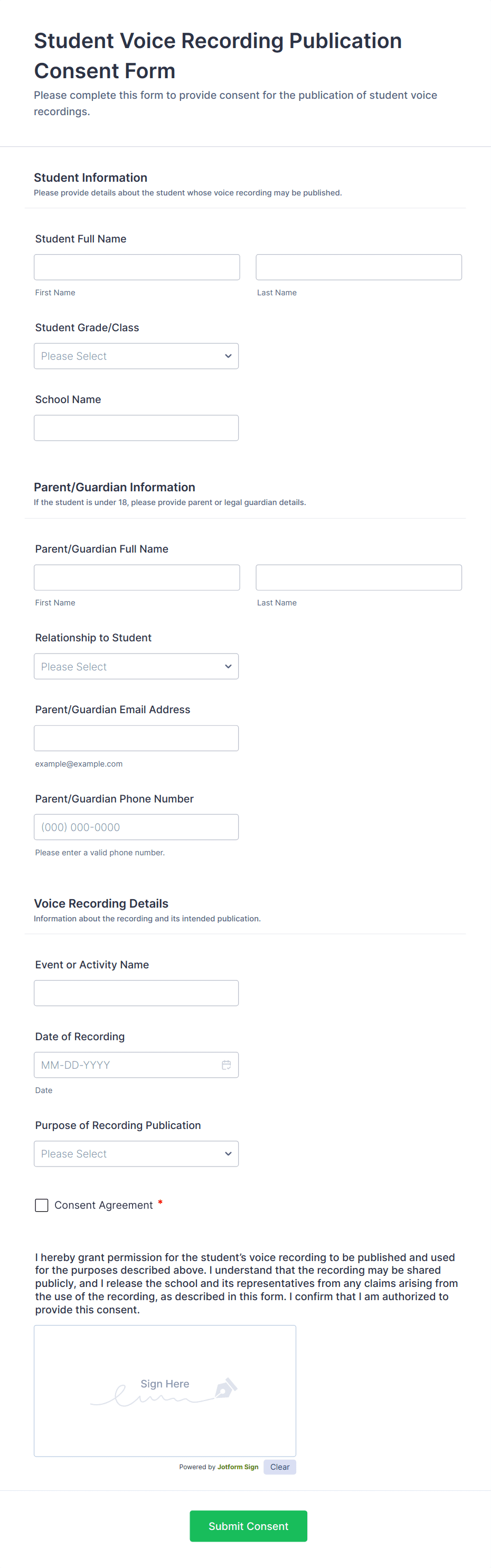 Student Voice Recording Publication Consent Form Template | Jotform