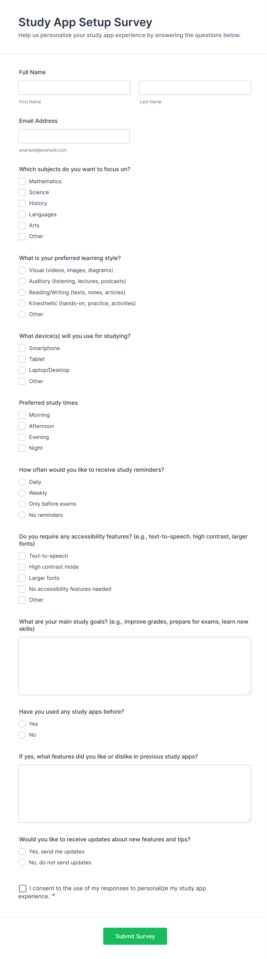 Study App Setup Survey Form Template | Jotform