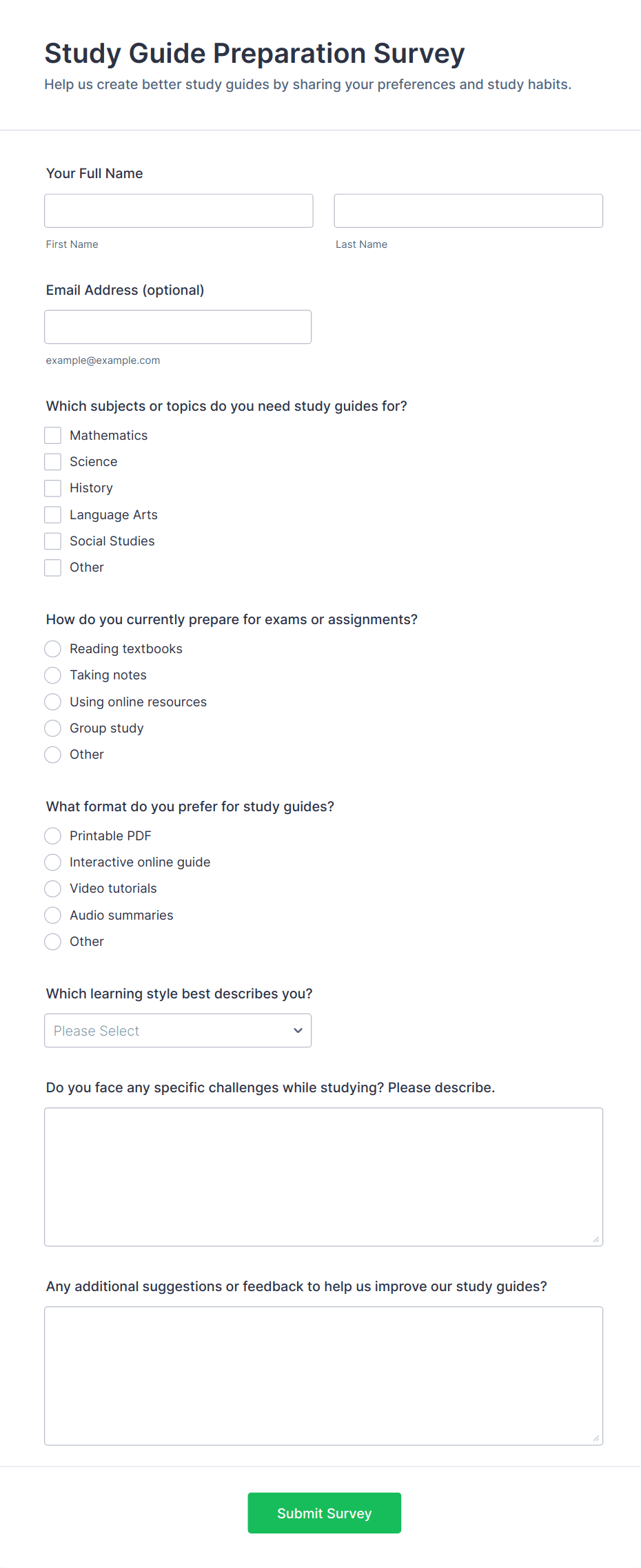 Study Guide Preparation Survey Form Template | Jotform