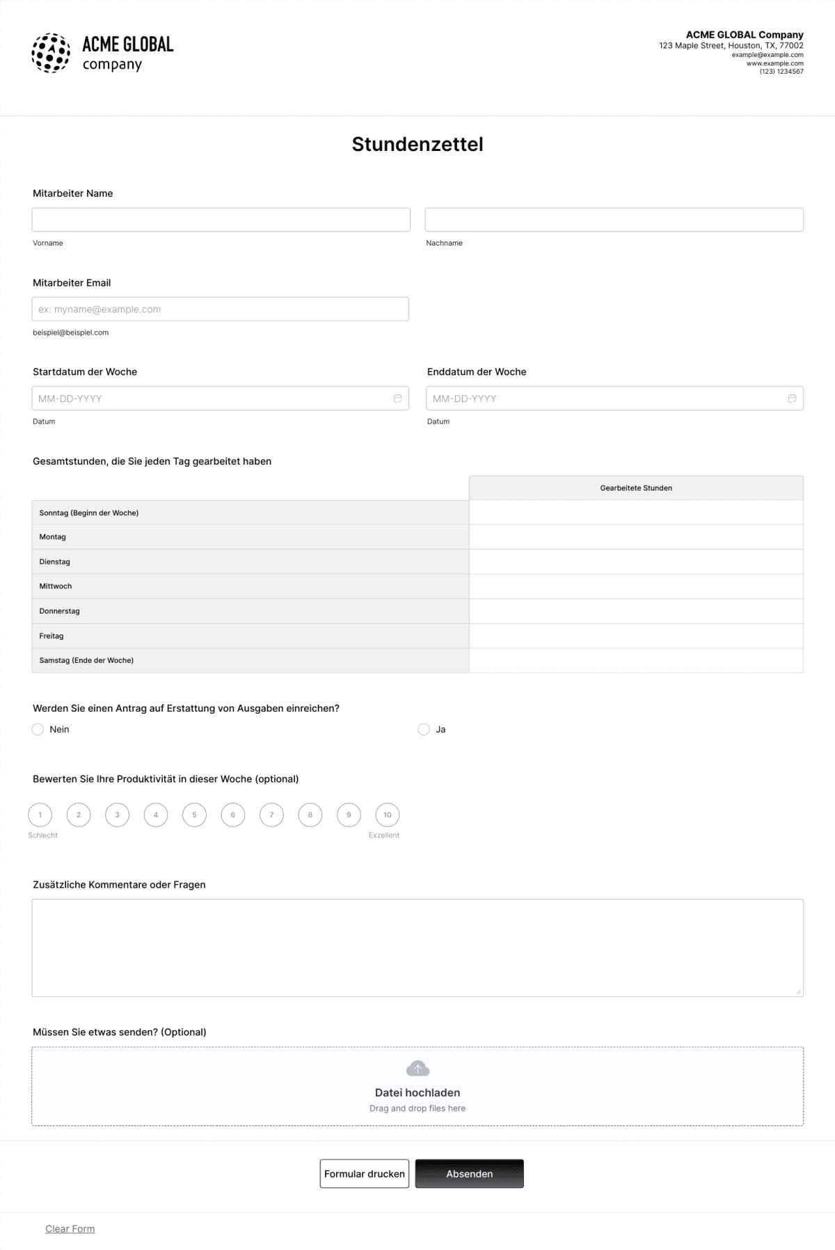 Stundenzettel Formularvorlage | Jotform