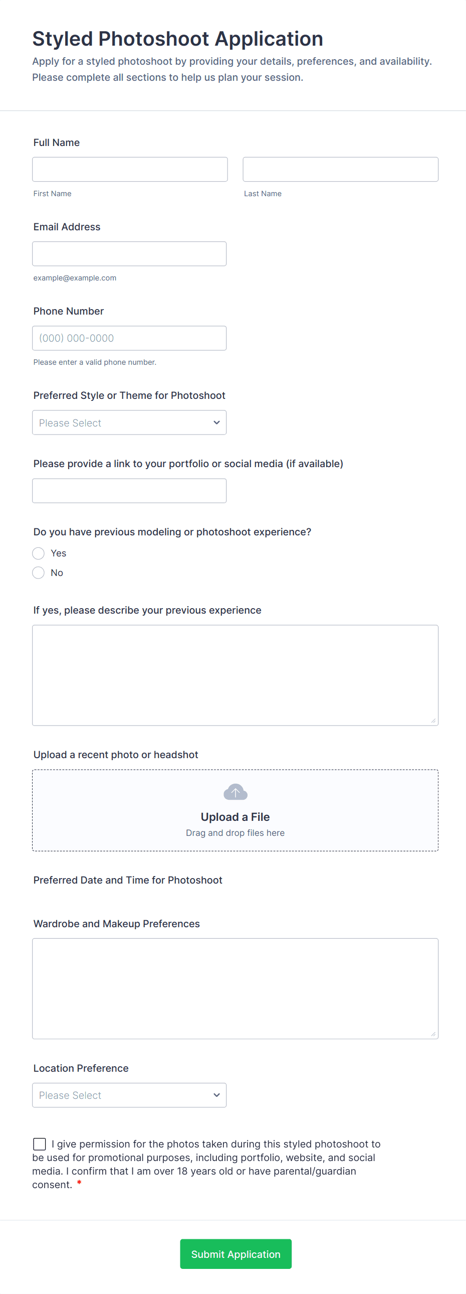 Styled Photoshoot Application Form Template | Jotform