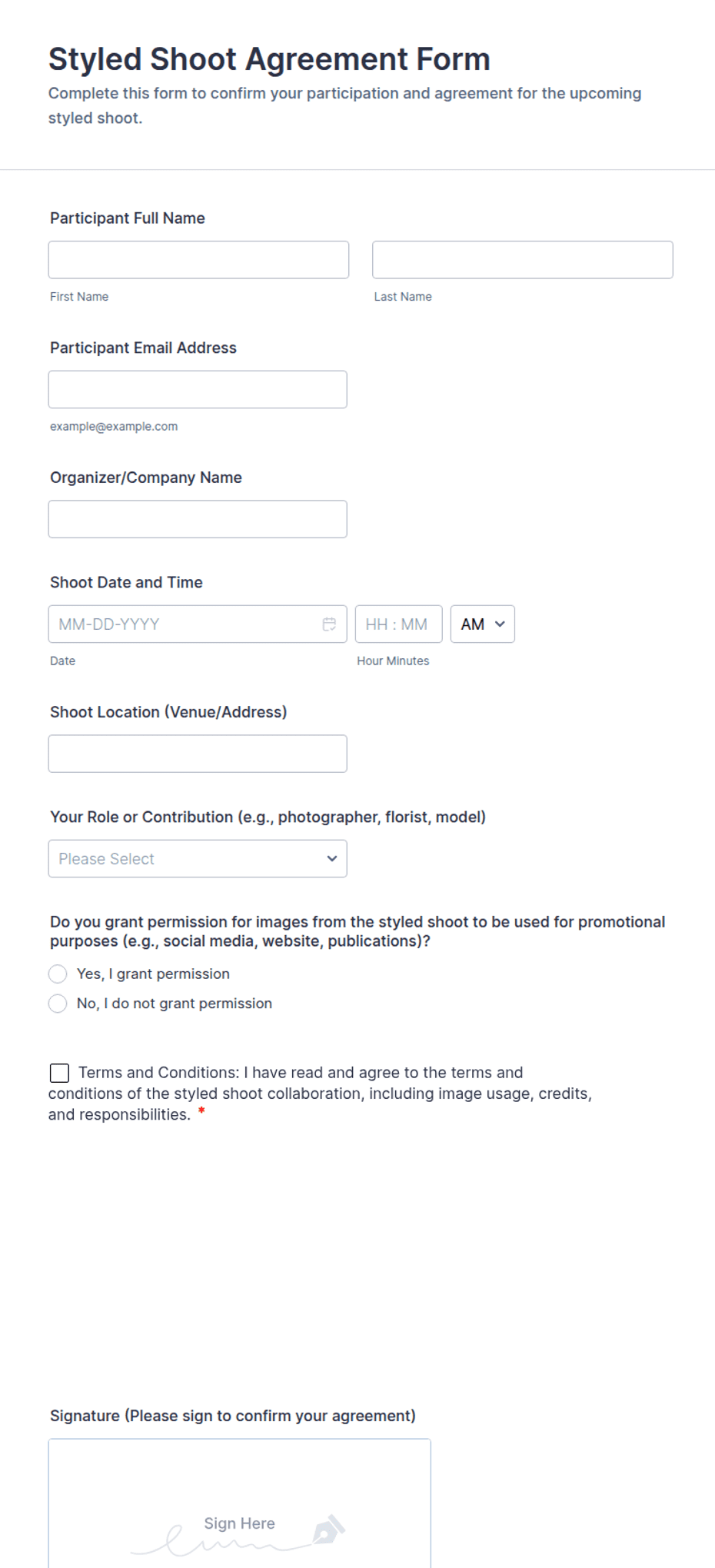 Styled Shoot Agreement Form Template | Jotform