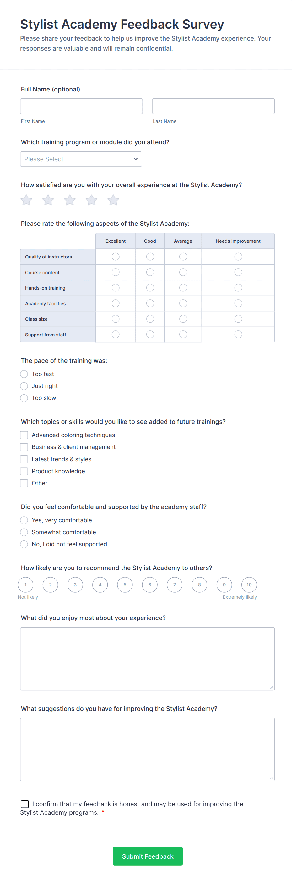Stylist Academy Feedback Survey Form Template | Jotform