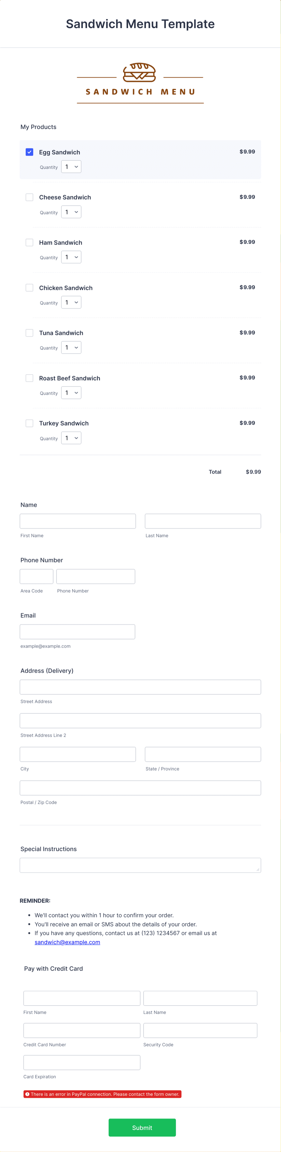 Sub Order Form Template | Jotform