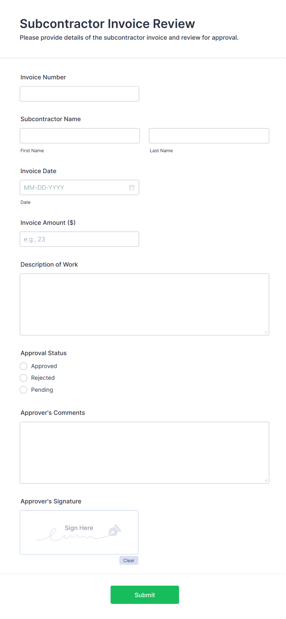 Subcontractor Invoice Review Form Template | Jotform