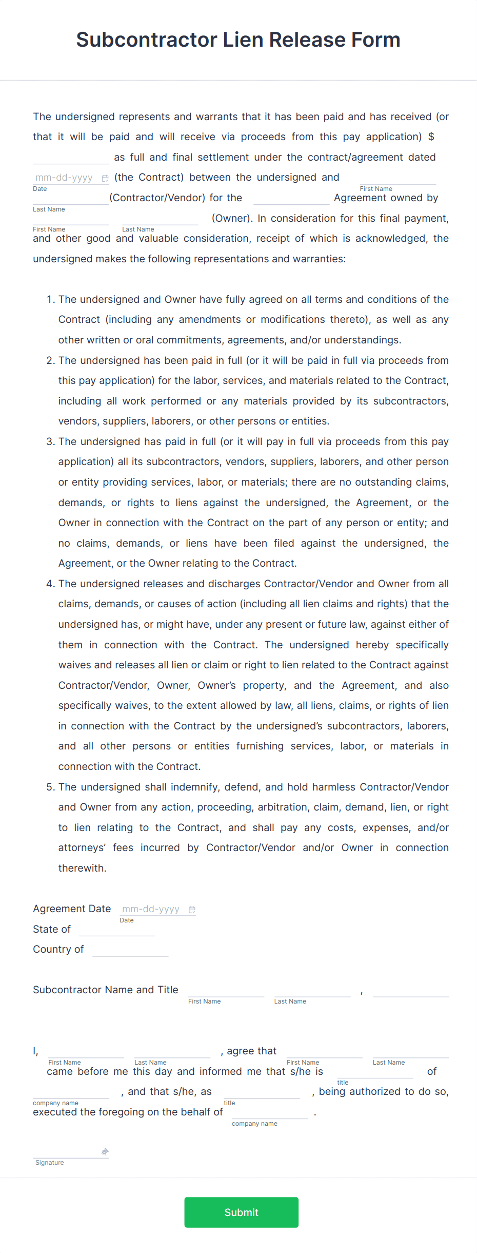 Subcontractor Lien Release Form Template | Jotform