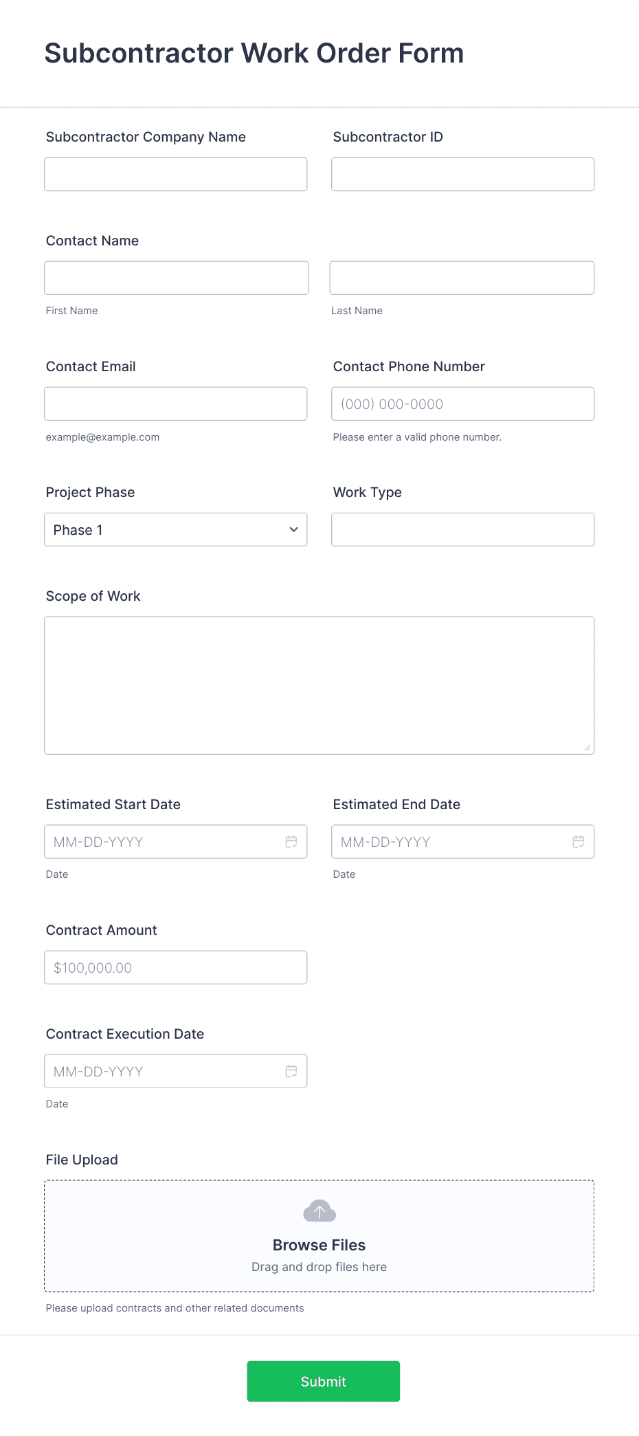 Subcontractor Work Order Form Template | Jotform