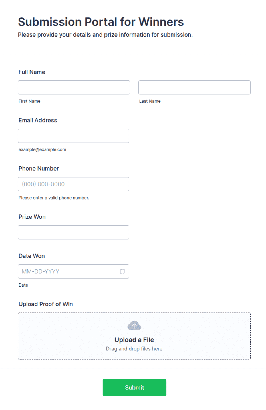Submission Portal for Winners Form Template | Jotform