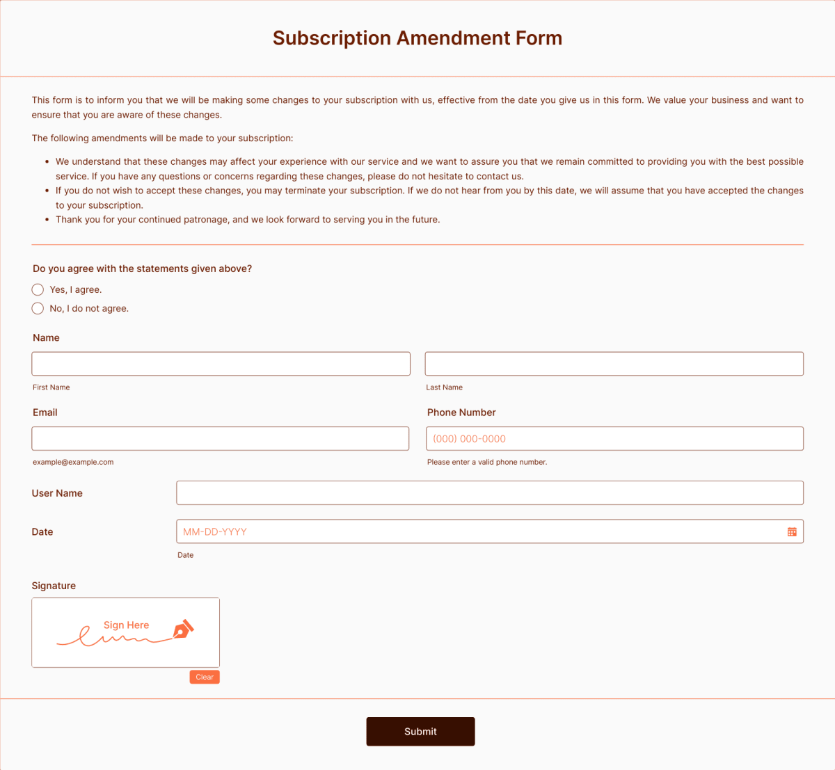 Subscription Amendment Form Template | Jotform
