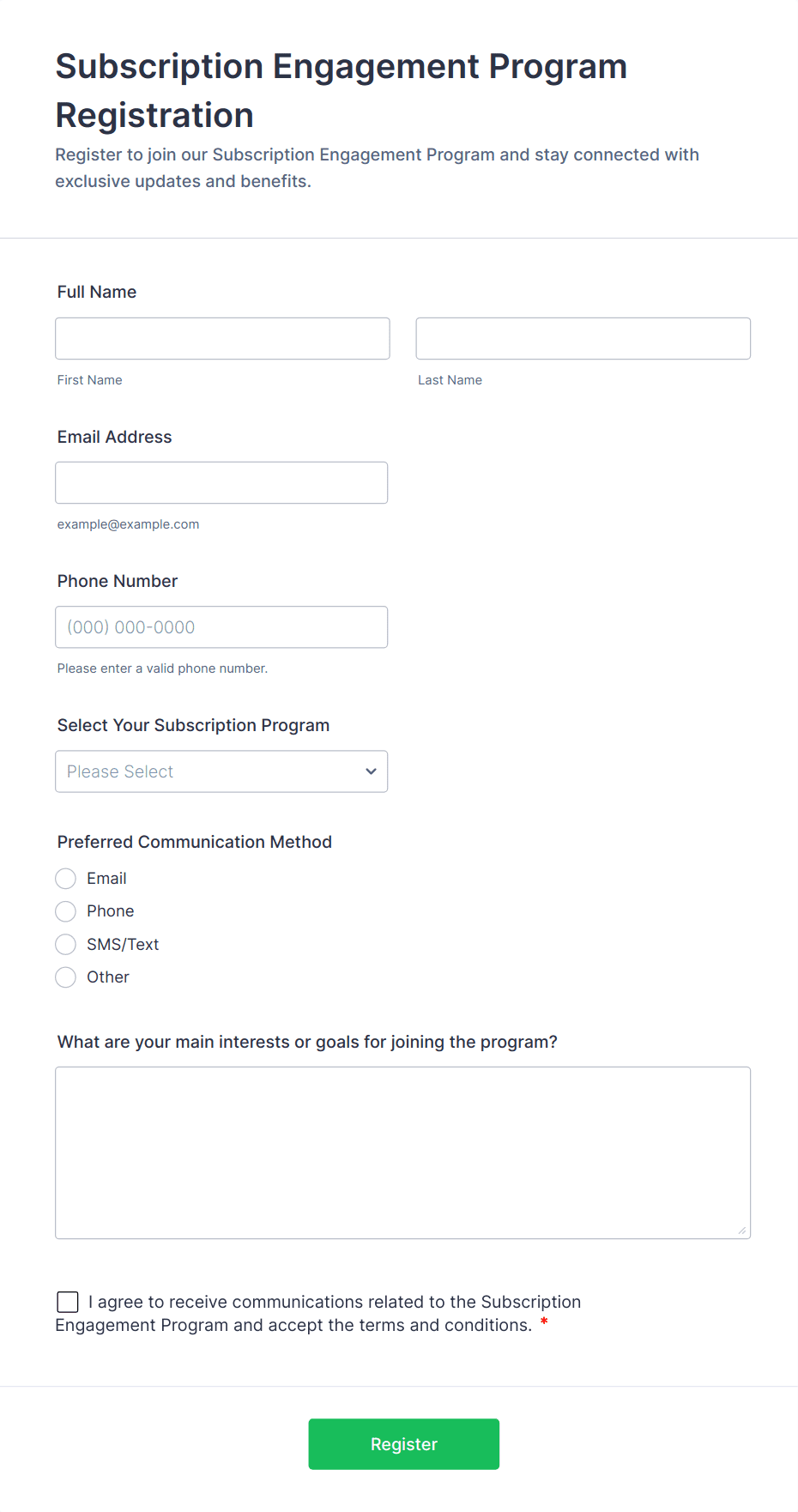 Subscription Engagement Program Registration Form Template | Jotform