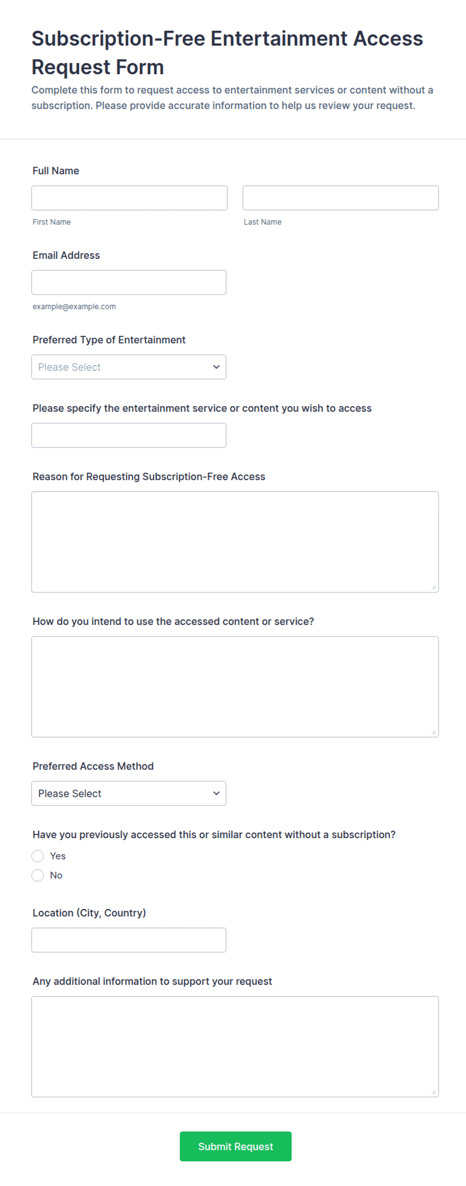 Subscription-Free Entertainment Access Request Form Template | Jotform