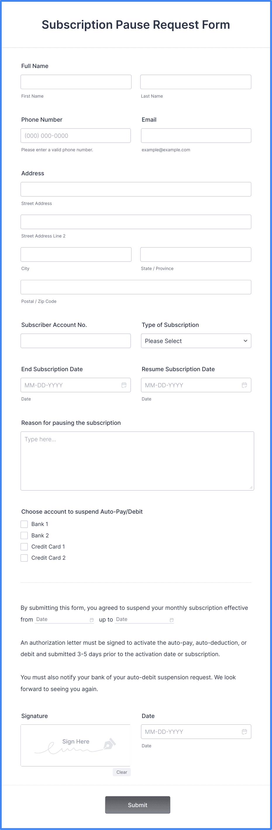 Subscription Pause Request Form Template | Jotform