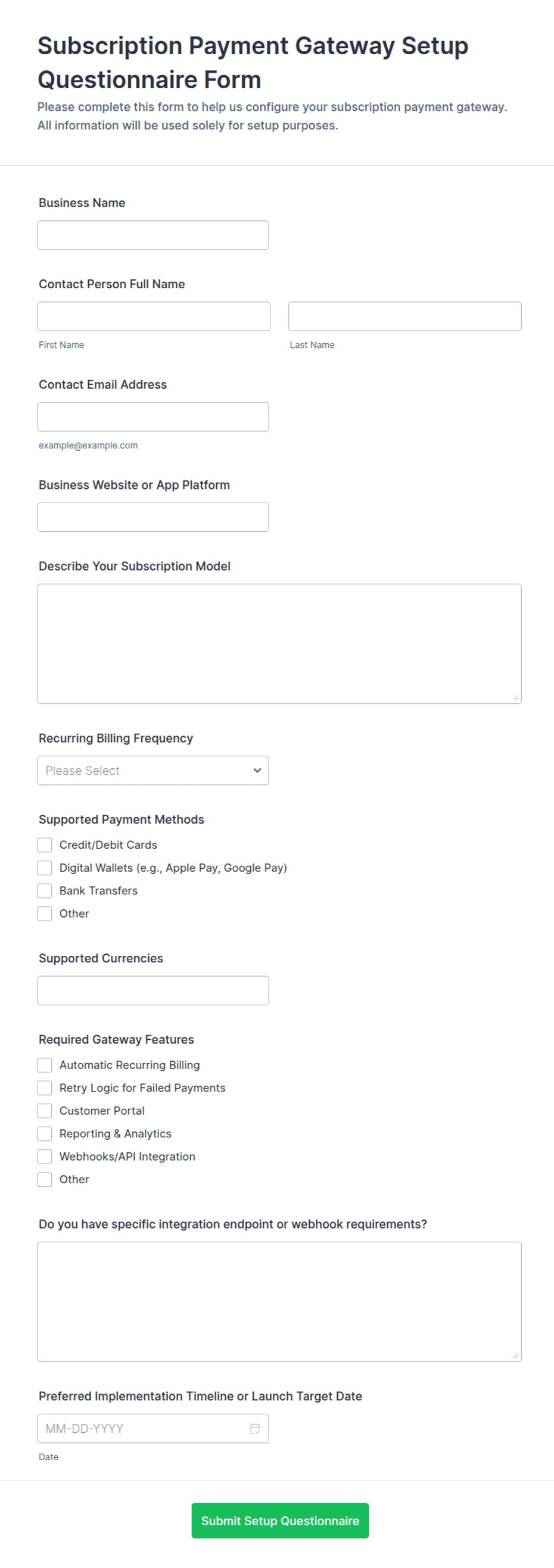 Subscription Payment Gateway Setup Questionnaire Form Template | Jotform