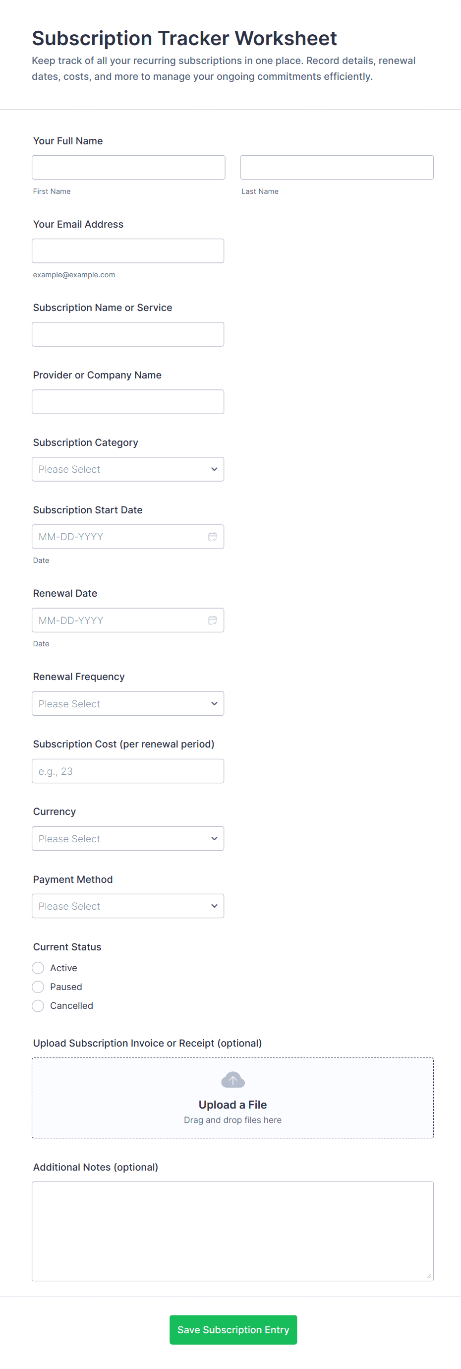 Subscription Tracker Worksheet Form Template | Jotform