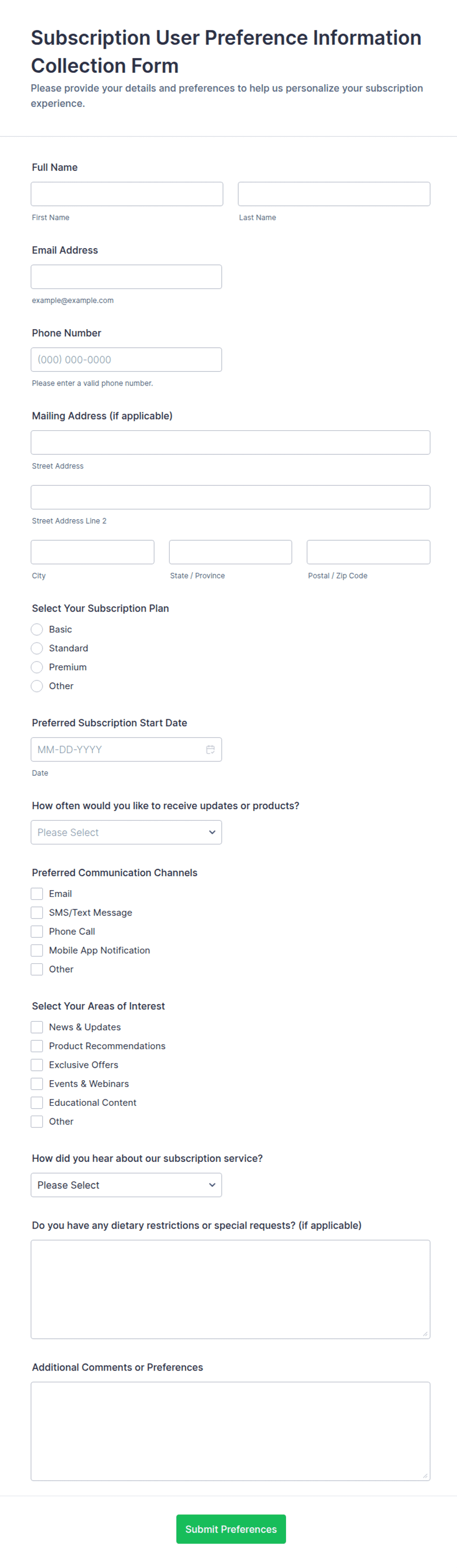 Subscription User Preference Information Collection Form Template | Jotform