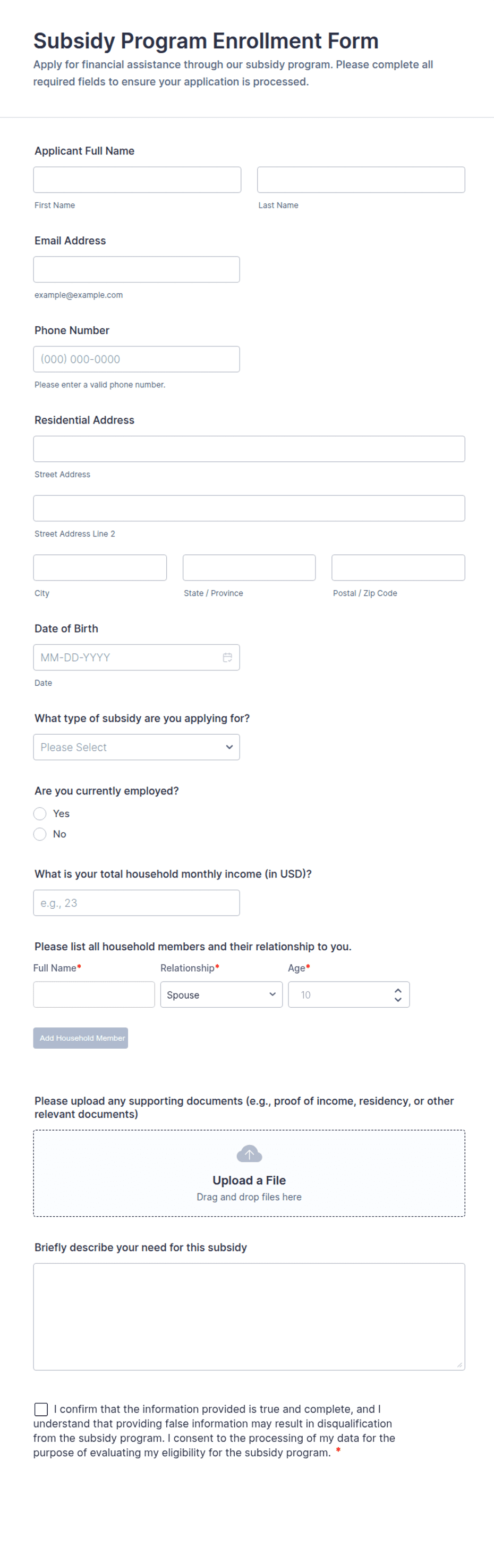 Subsidy Program Enrollment Form Template | Jotform
