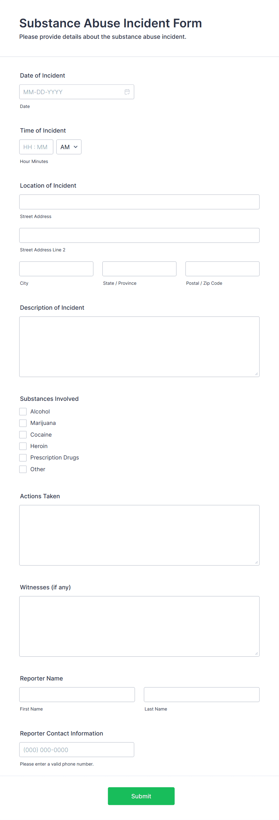 Substance Abuse Incident Form Template | Jotform