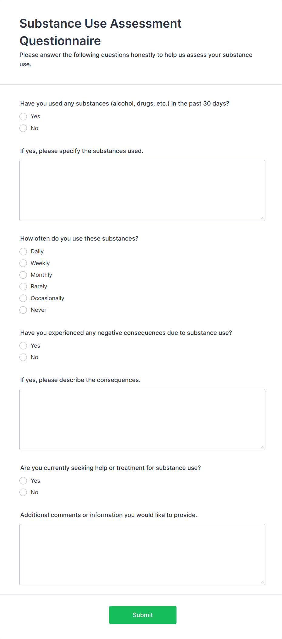 Substance Use Assessment Questionnaire Form Template | Jotform