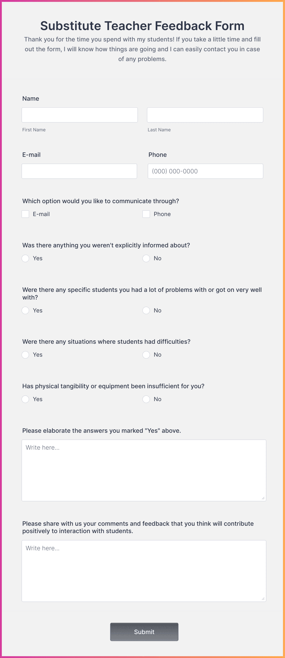 Substitute Teacher Feedback Form Template | Jotform