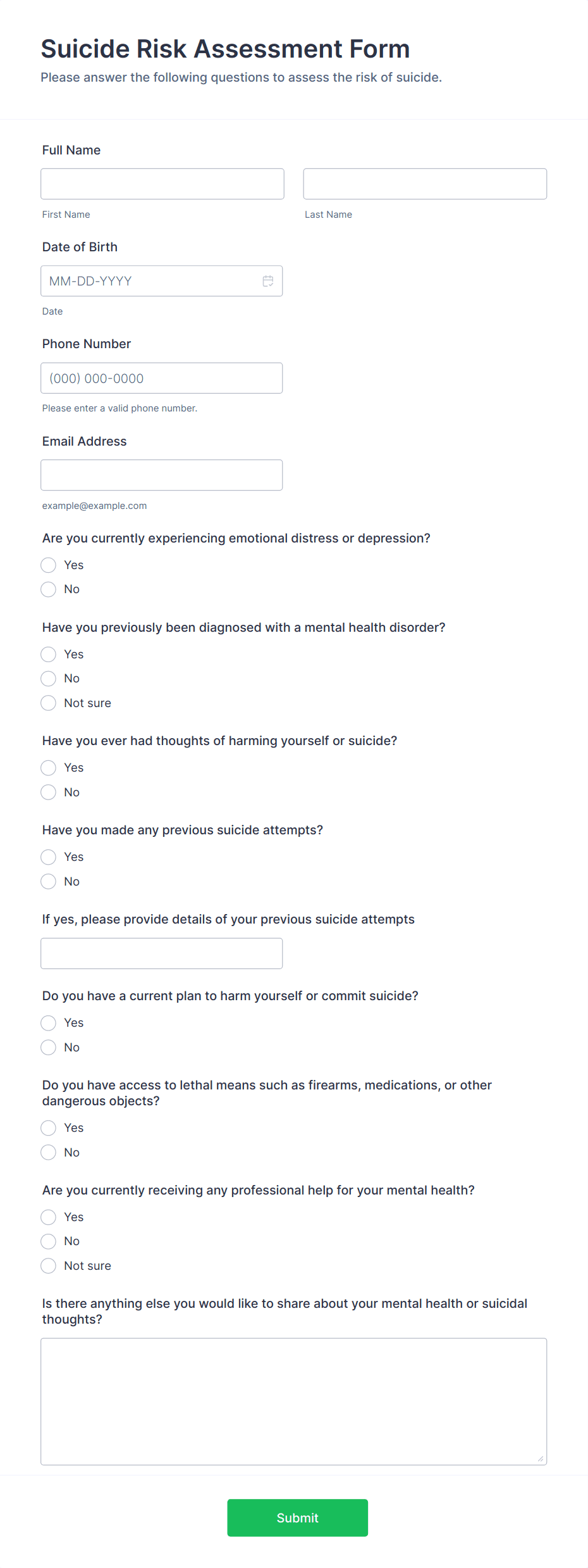 Suicide Risk Assessment Form Template | Jotform