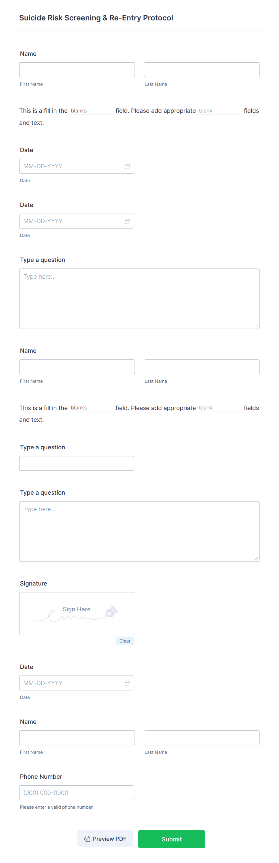 Suicide Risk Screening & Re-Entry Protocol Form Template | Jotform