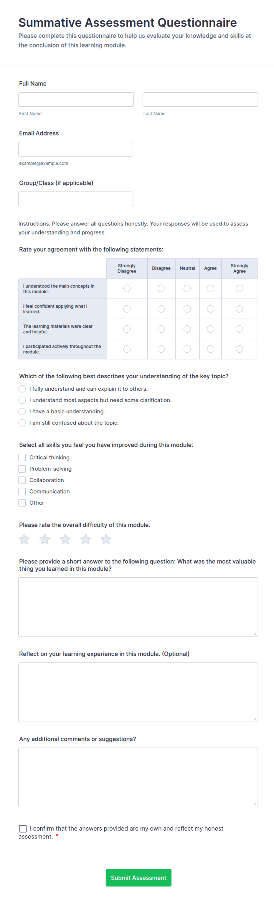 Summative Assessment Questionnaire Form Template | Jotform