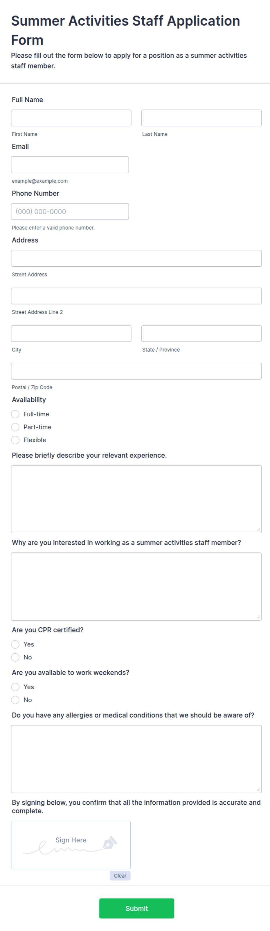 Summer Activities Staff Application Form Template | Jotform